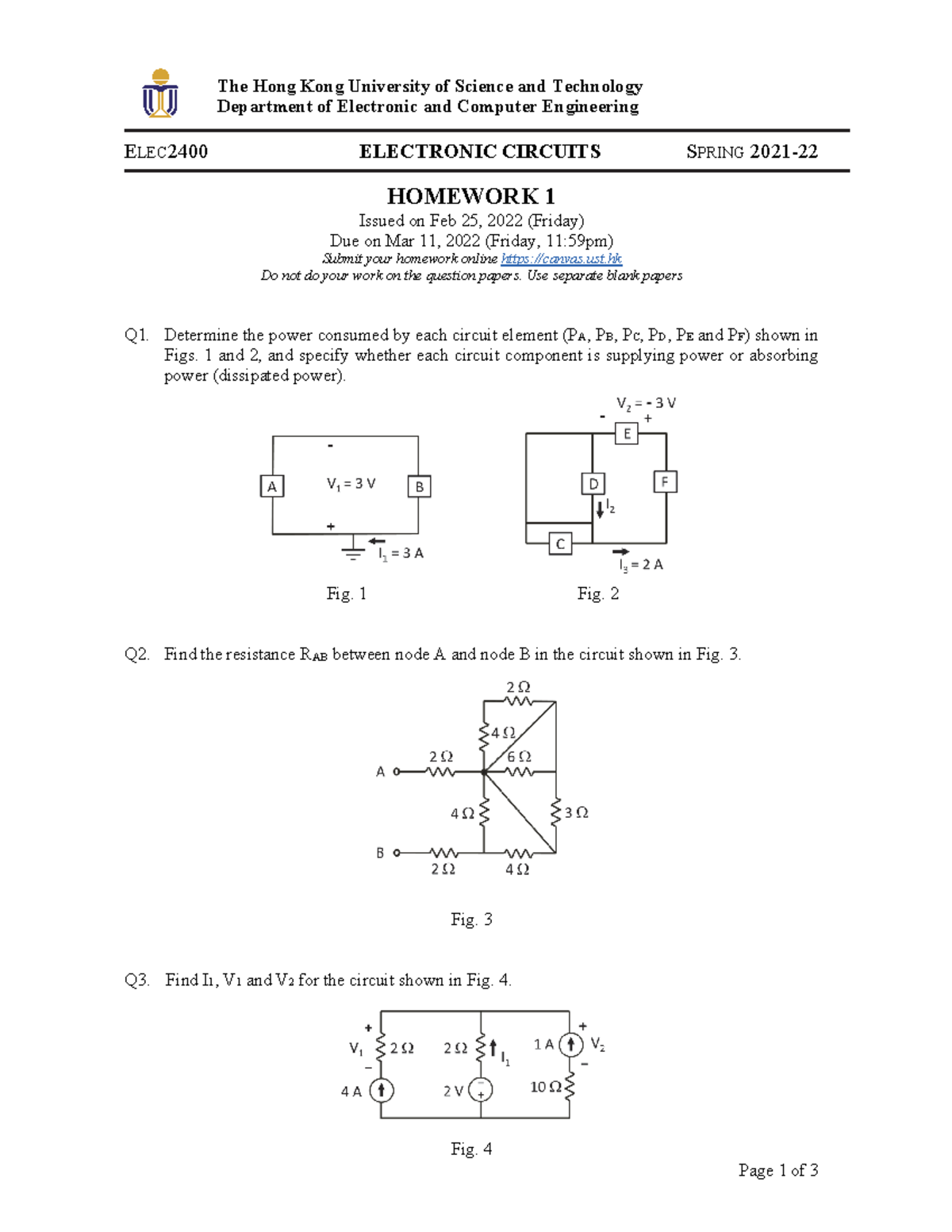 Electronic Circuits Elec 2400 Homework 1 - Page 1 of 3 The Hong Kong University of Science and ...
