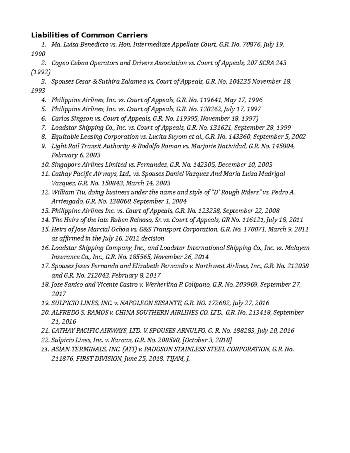 Liabilities of Common Carriers list of cases - Liabilities of Common ...
