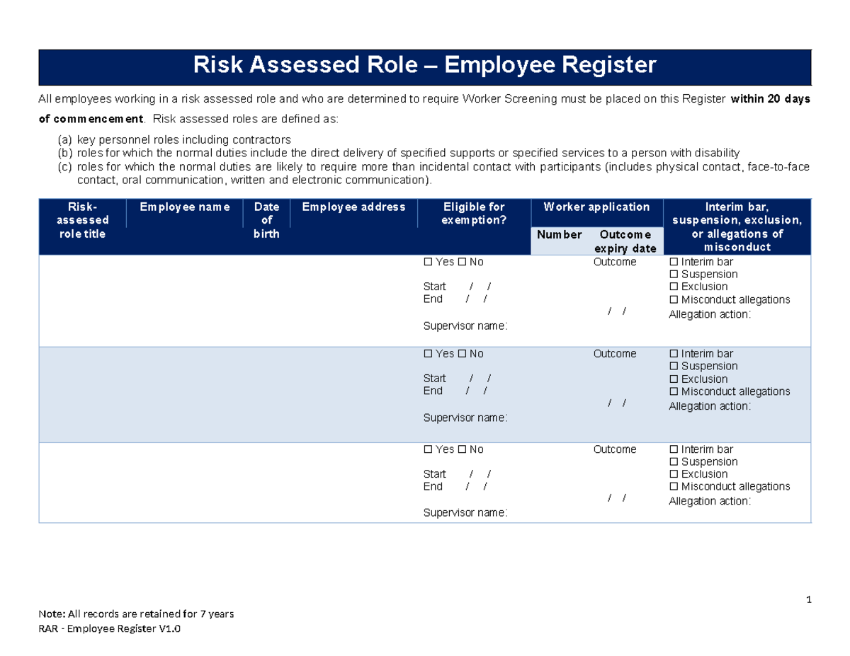 Risk Assessed Role Employee Register - Risk Assessed Role – Employee ...