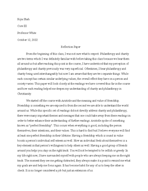 Final Reflection Paper - Riya Shah Core III Professor White December ...