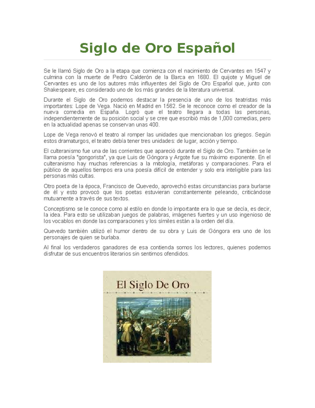 Actividad 2 - Siglo de Oro Español Se le llamó Siglo de Oro a la etapa ...