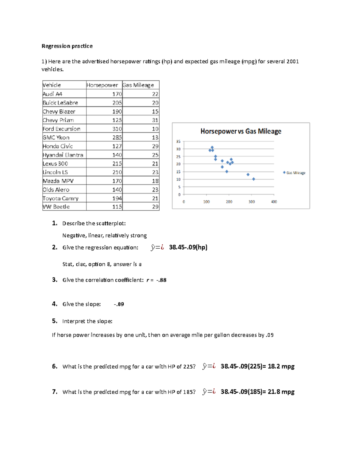 Ch 11 Regression Worksheet - Regression practice Here are the ...
