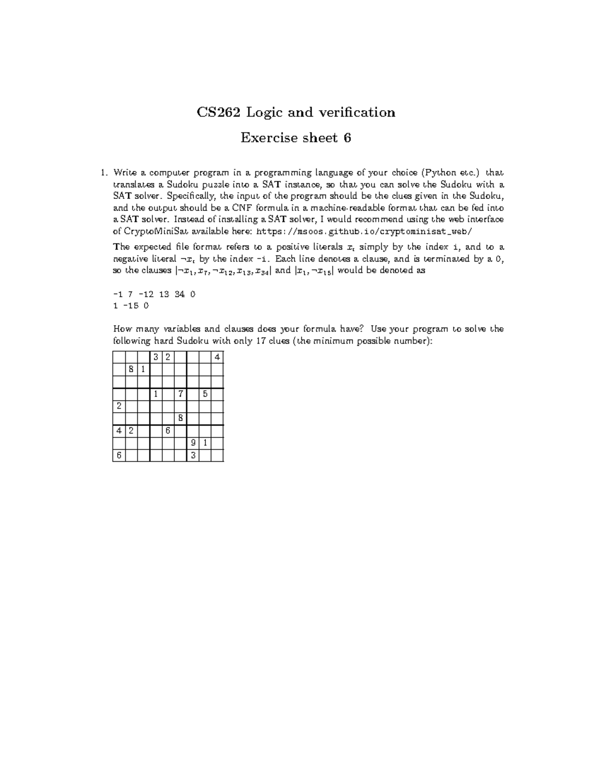 Exercise 6 - 2021 - CS262 Logic and verification Exercise sheet 6 Write a computer program in a ...
