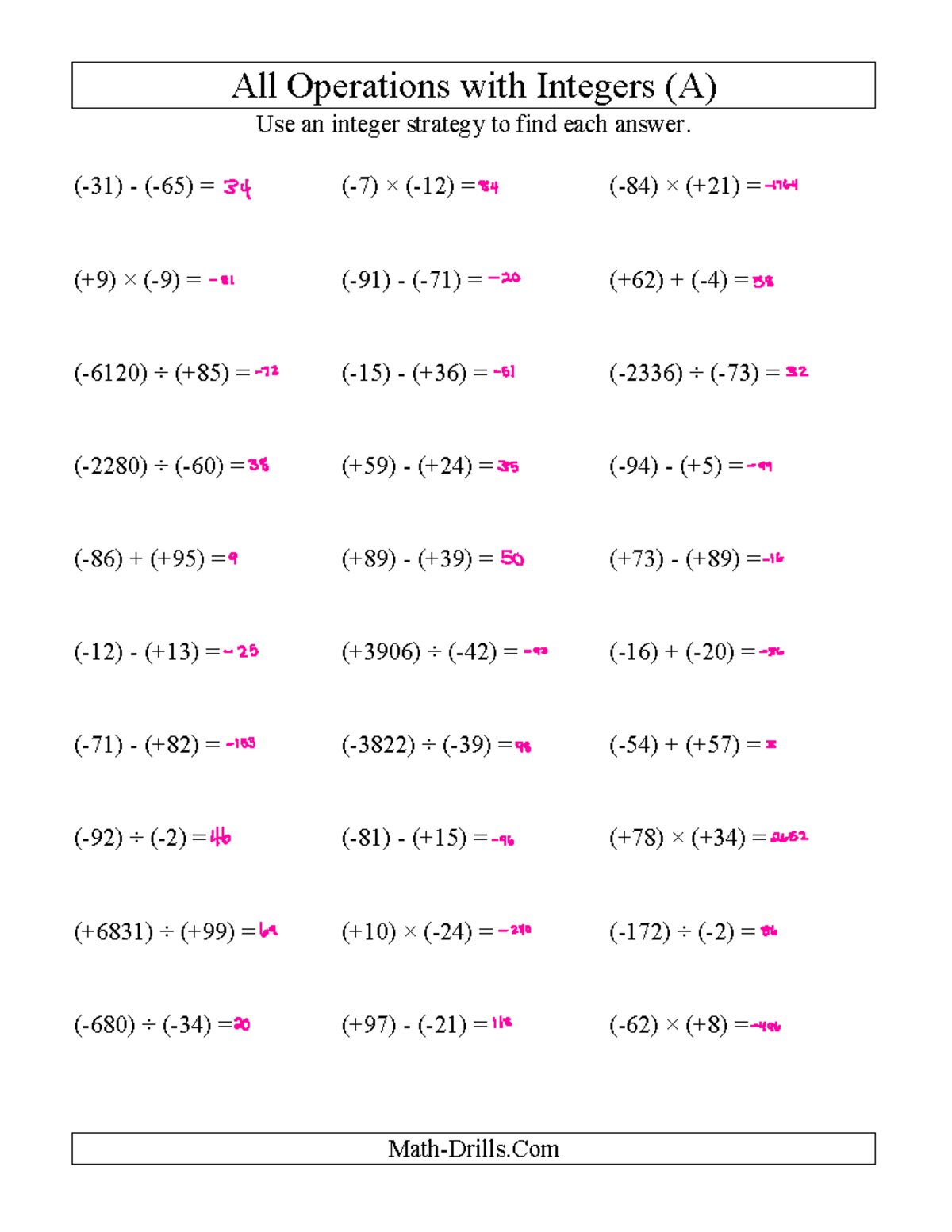 Integers+HW - notes - All Operations with Integers (A) Use an integer ...
