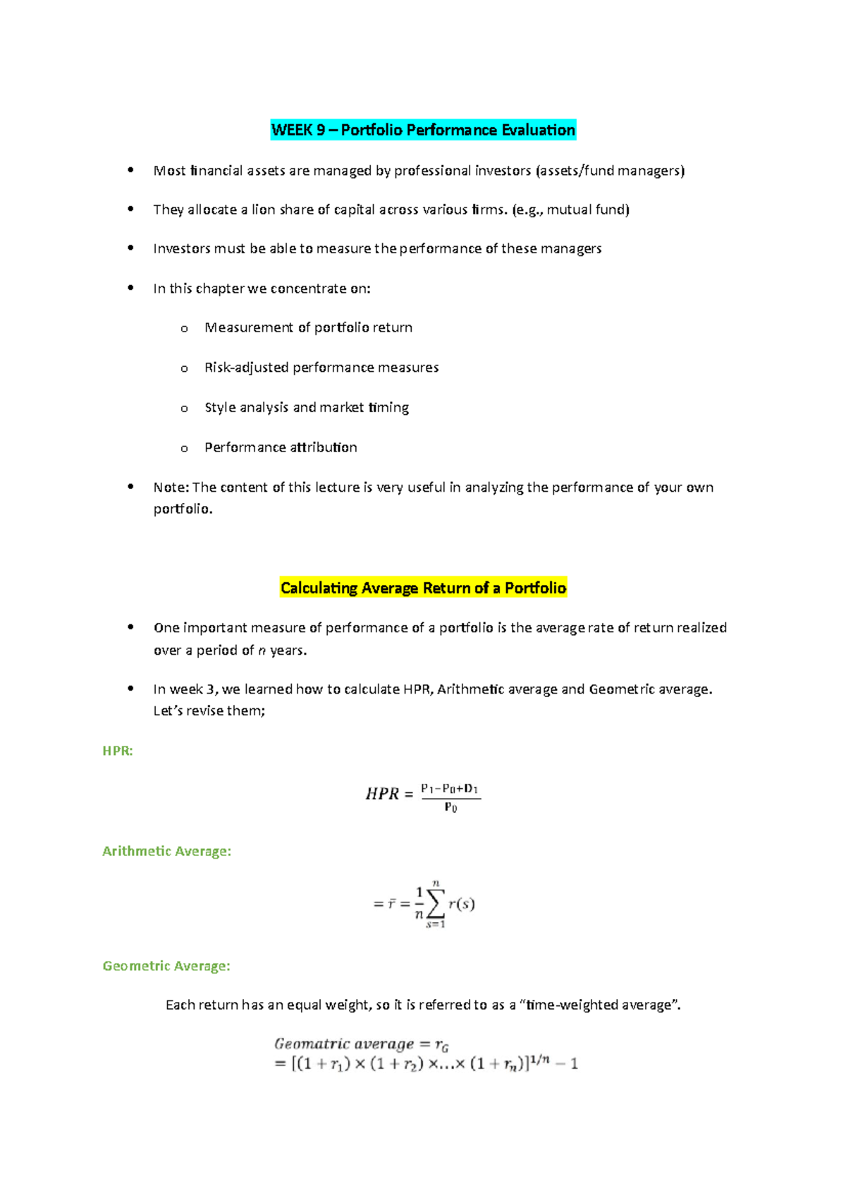 WEEK 9 - Portfolio Performance Evaluation - WEEK 9 – Portfolio ...