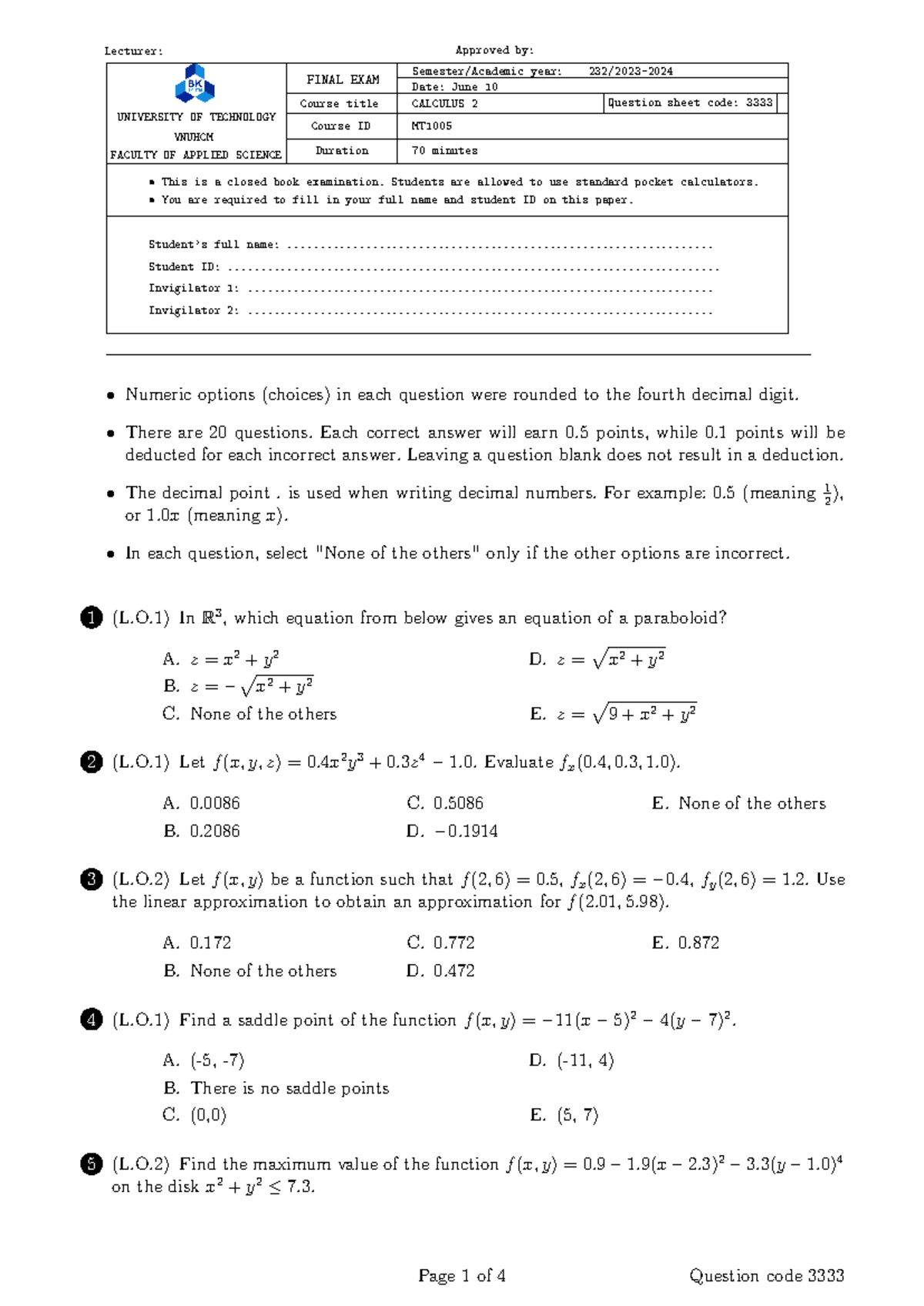 3333 - ko coáaa gì - Lecturer: Approved by: Question sheet code: 3333 ...