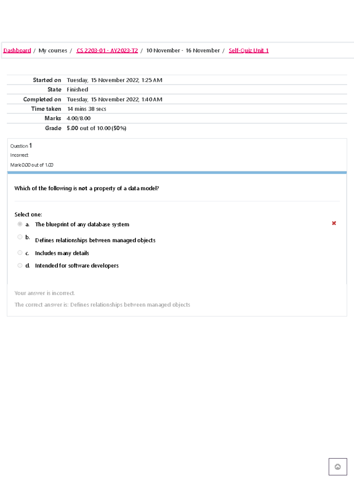 Self-Quiz Unit 1 Attempt review - CS 2203 - UoPeople - Studocu