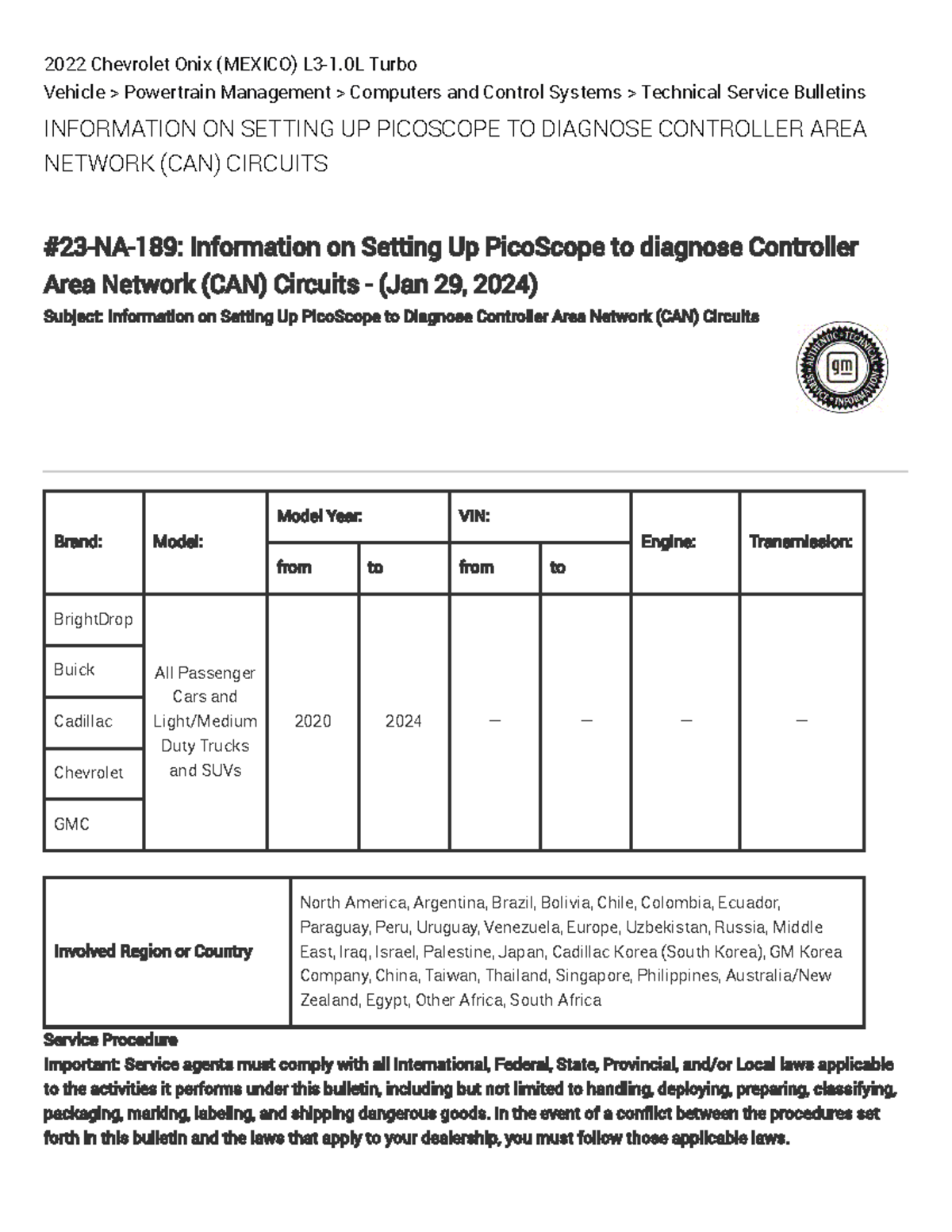 Information on Setting Up Pico Scope to Diagnose Controller Area ...