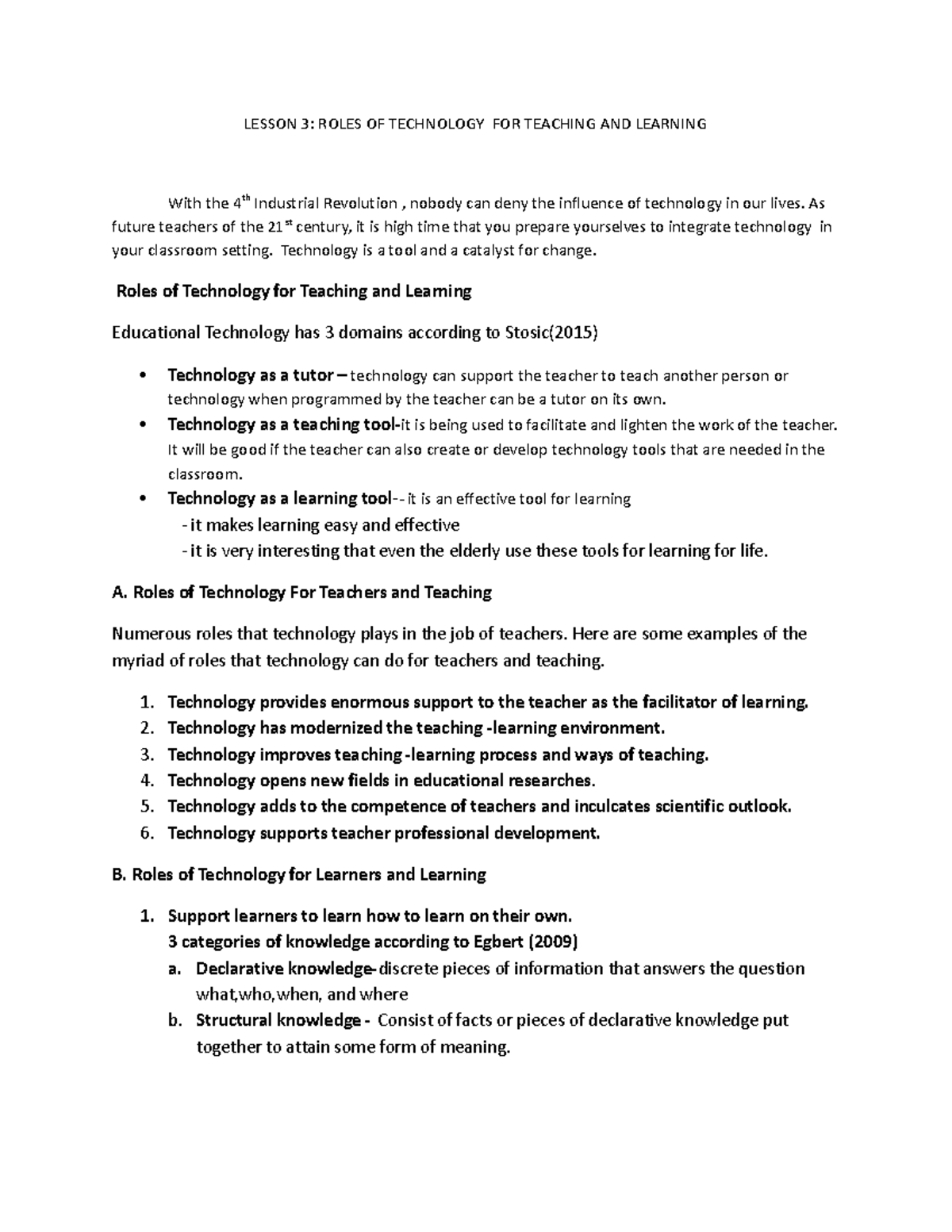 Lesson 3 Roles of technology for teaching and learning - LESSON 3 ...