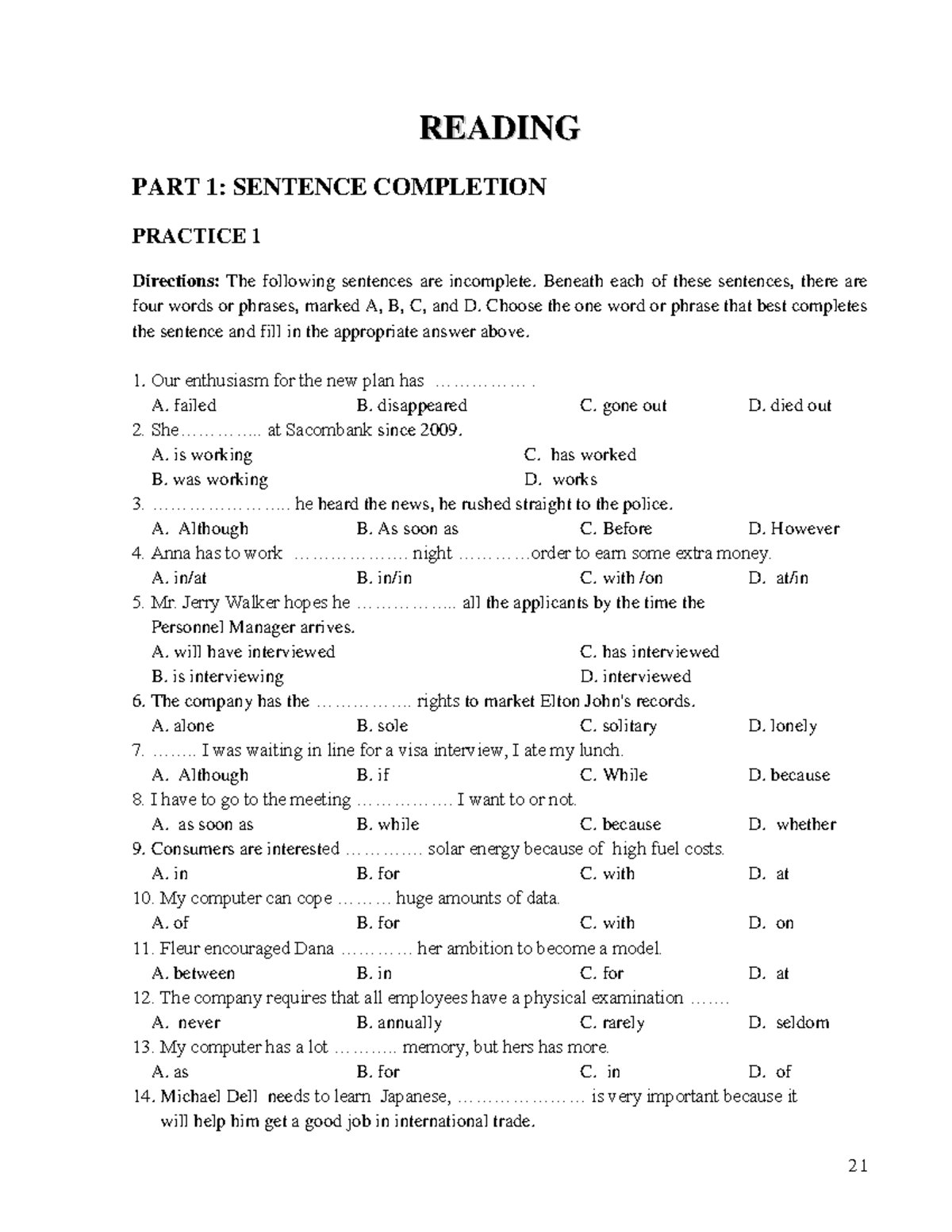 03.Sentence completion - R REEAADDIINNGG PART 1: SENTENCE COMPLETION ...