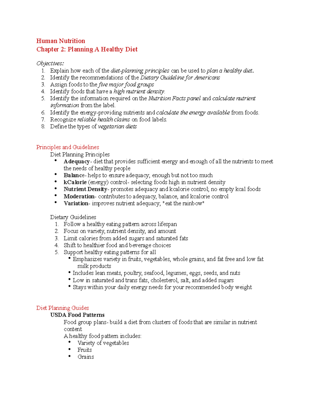 NHM Chapter 2 - Lecture notes 2 - Human Nutrition Chapter 2: Planning A ...