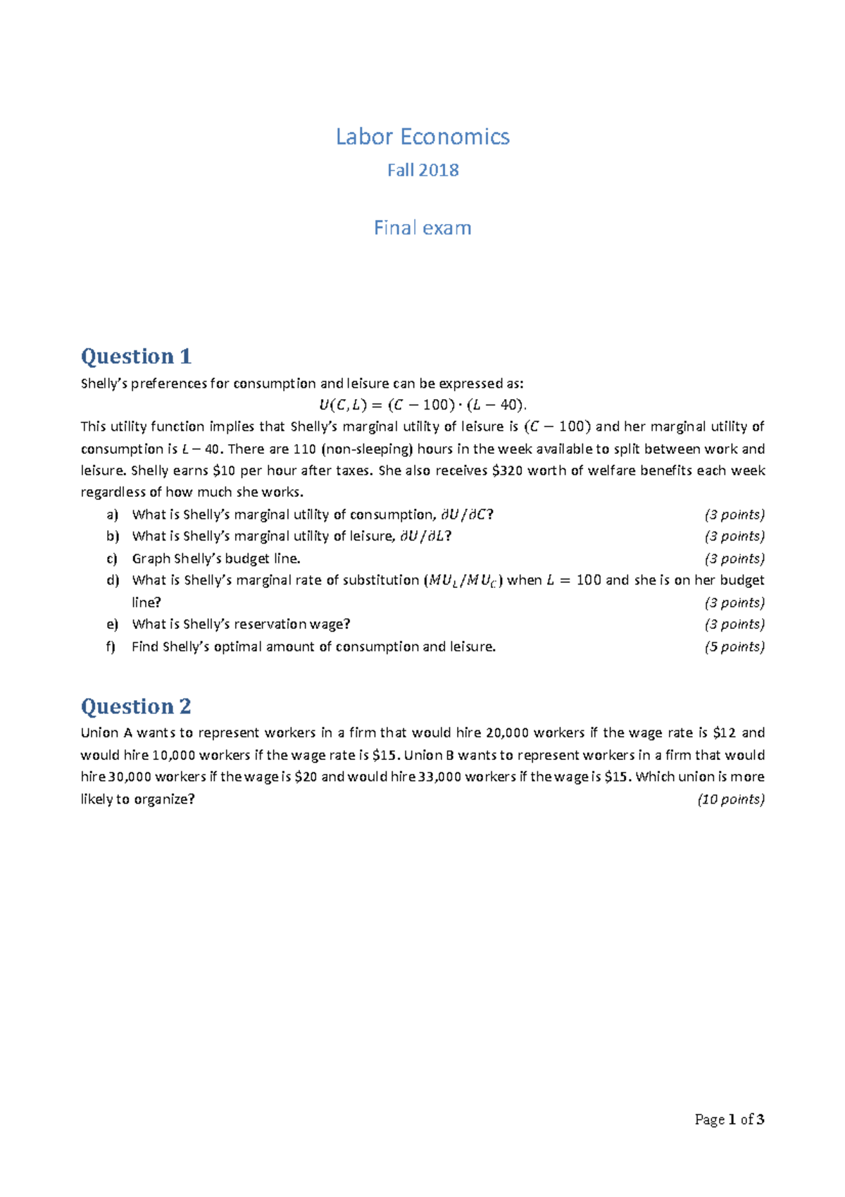 Labor - Final Exam 2018 - Eksamensopgave - Page 1 of 3 Labor Economics ...