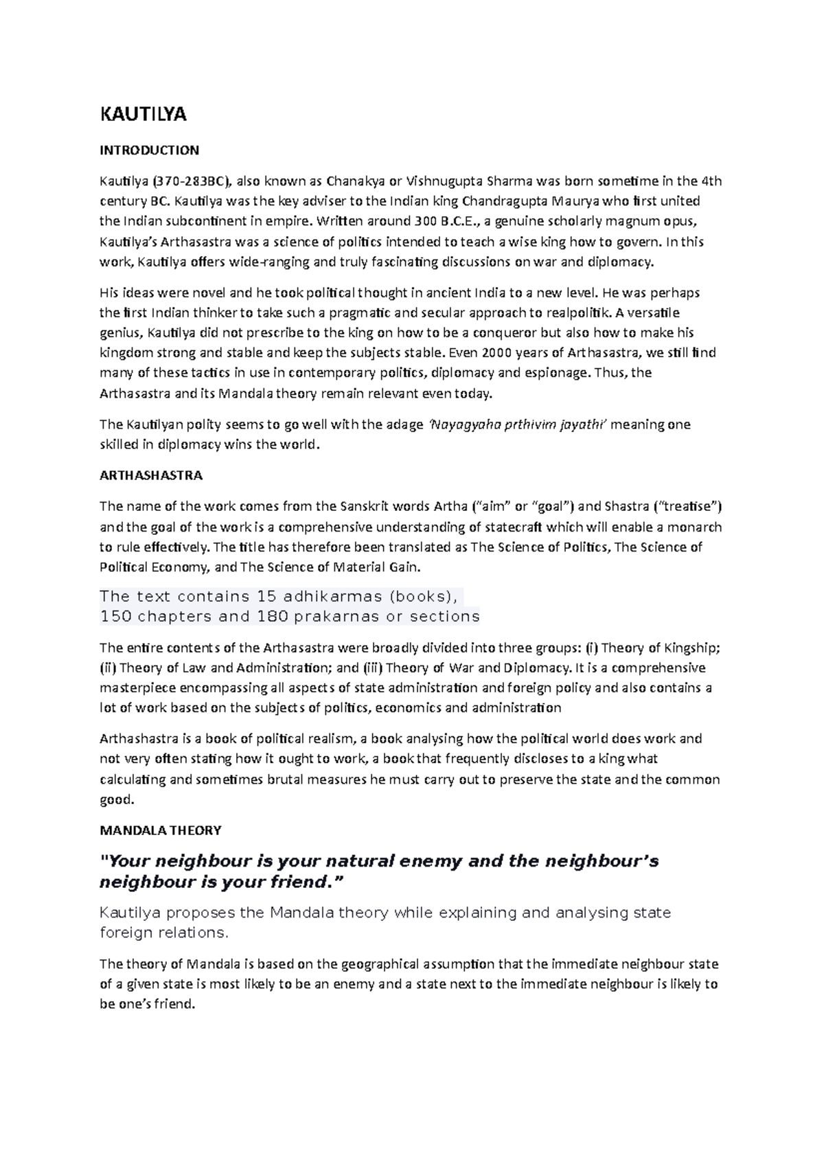 Kautilya Answer - KAUTILYA INTRODUCTION Kautilya (370-283BC), also ...