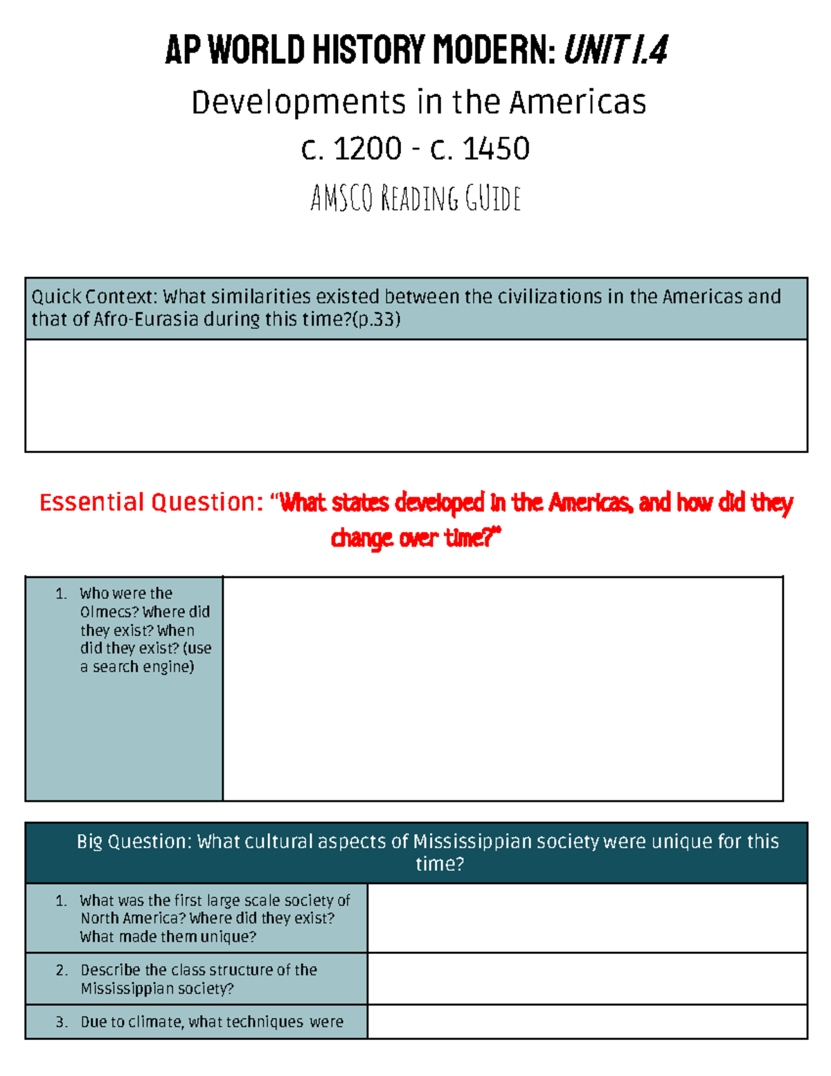 Copy of Copy of AP World Unit 1.4 Amsco Reading Guide - AP World ...