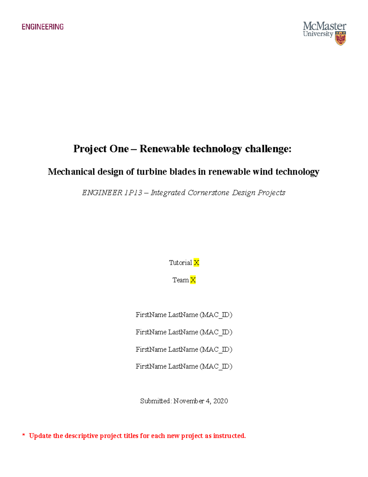 1P13 Project Report Template - Engineer 2B03 - McMaster - Studocu