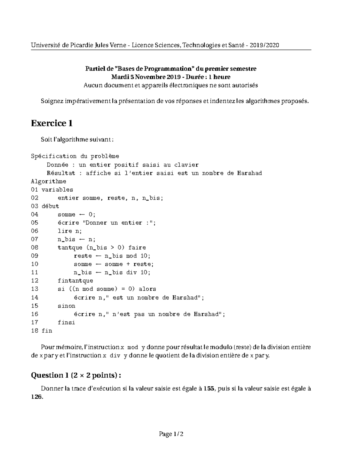 Partiel 2019-2020 - Base de Programmation (Algorithmique) - Université ...