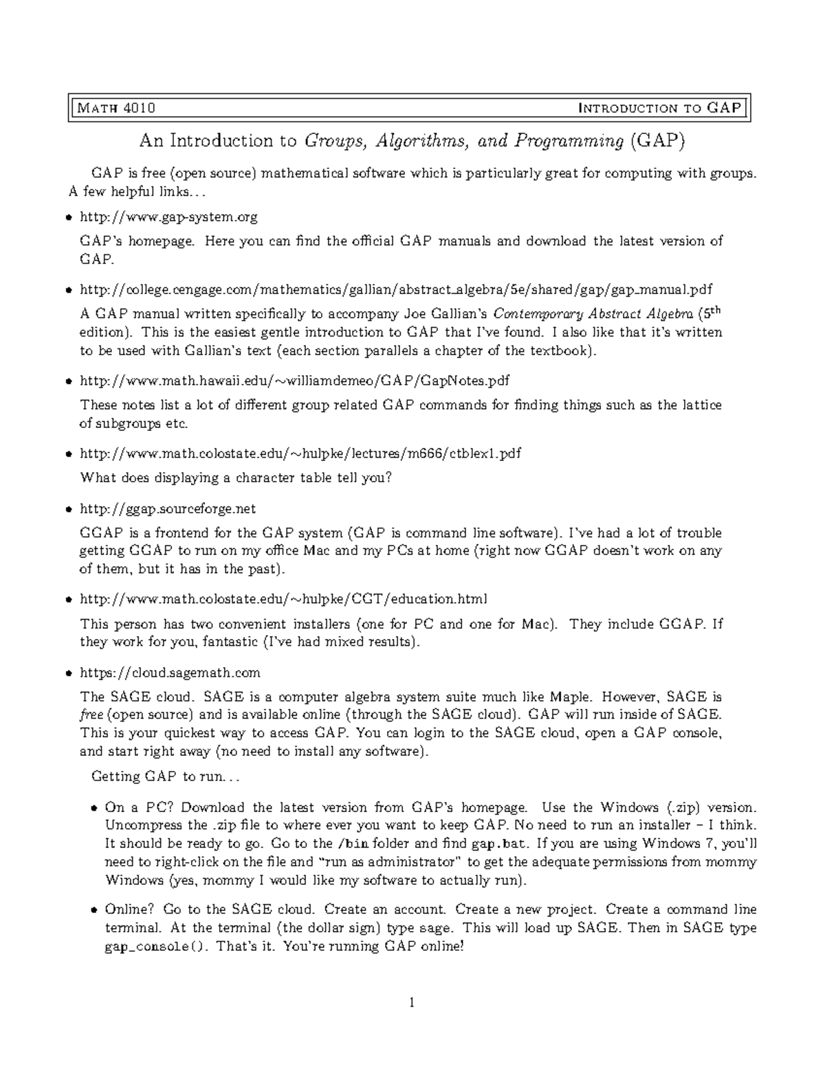 Math4010-Introduction to GAP - Math 4010 Introduction to GAP An Introduction to Groups ...