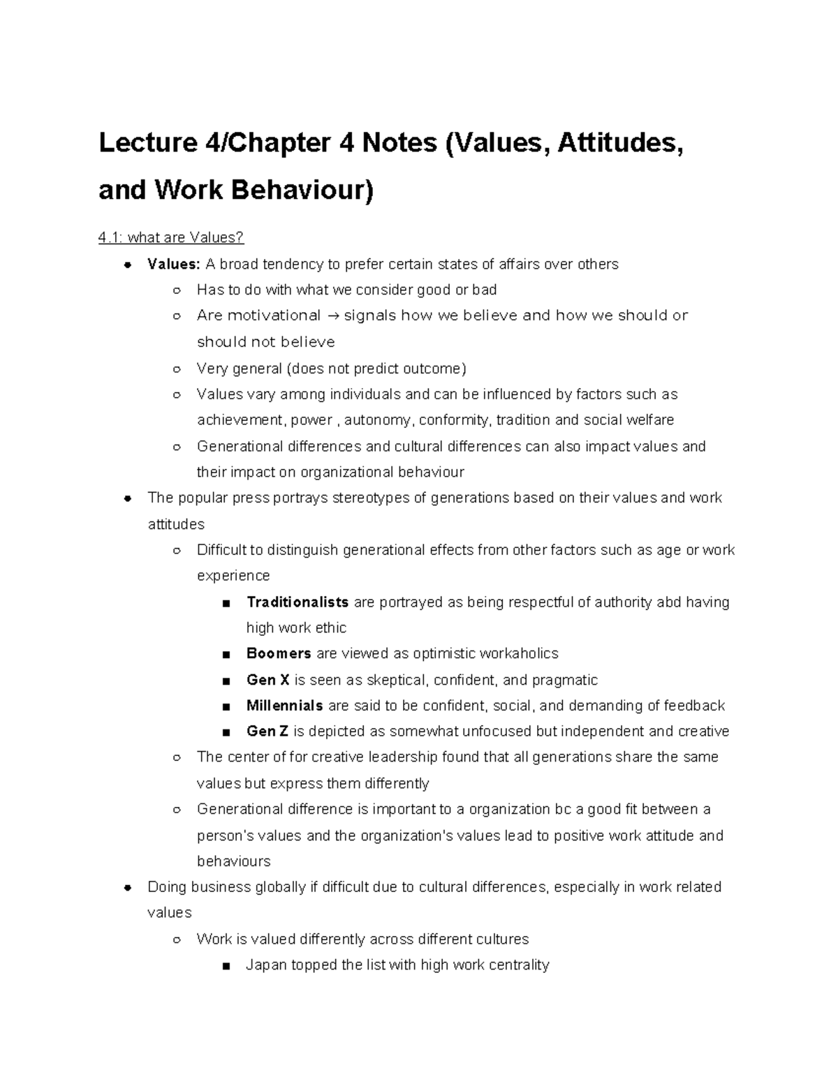 Chapter notes 4 - Lecture 4/Chapter 4 Notes (Values, Attitudes, and ...