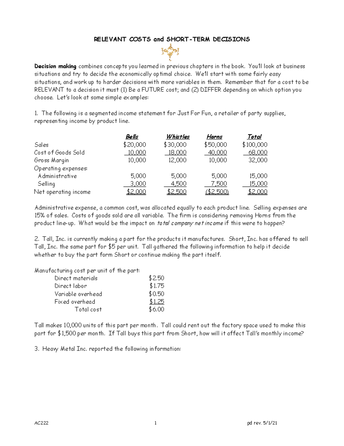 Simple relevant cost examples 1 RELEVANT COSTS And SHORT TERM