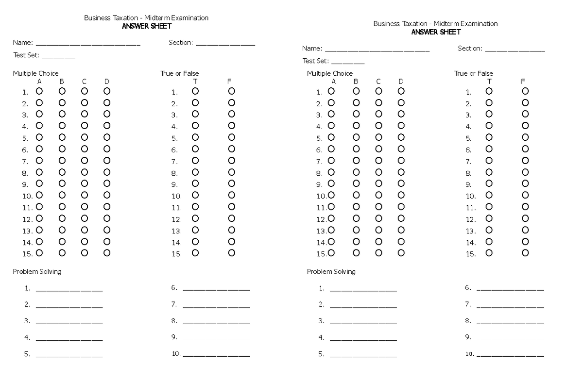 Answer sheet Midterm - Business Taxation - Midterm Examination ANSWER ...
