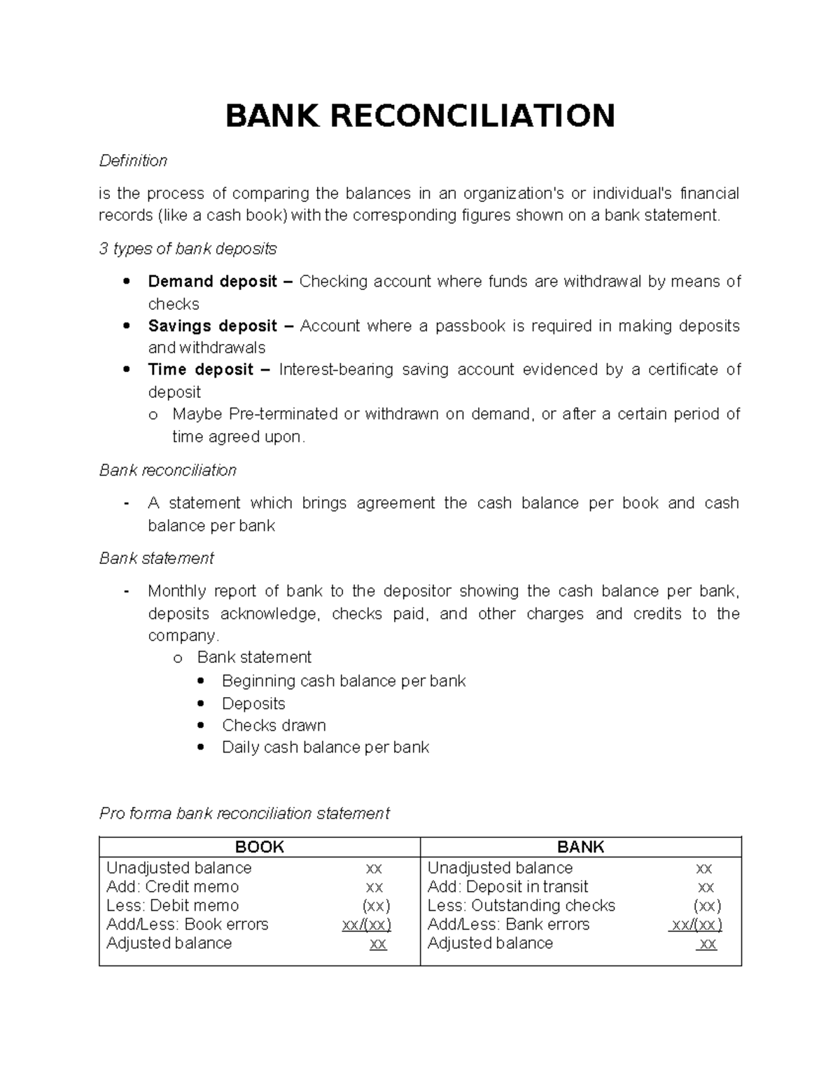 BANK Reconciliation - Summary Intermediate Accounting 1 - BANK ...