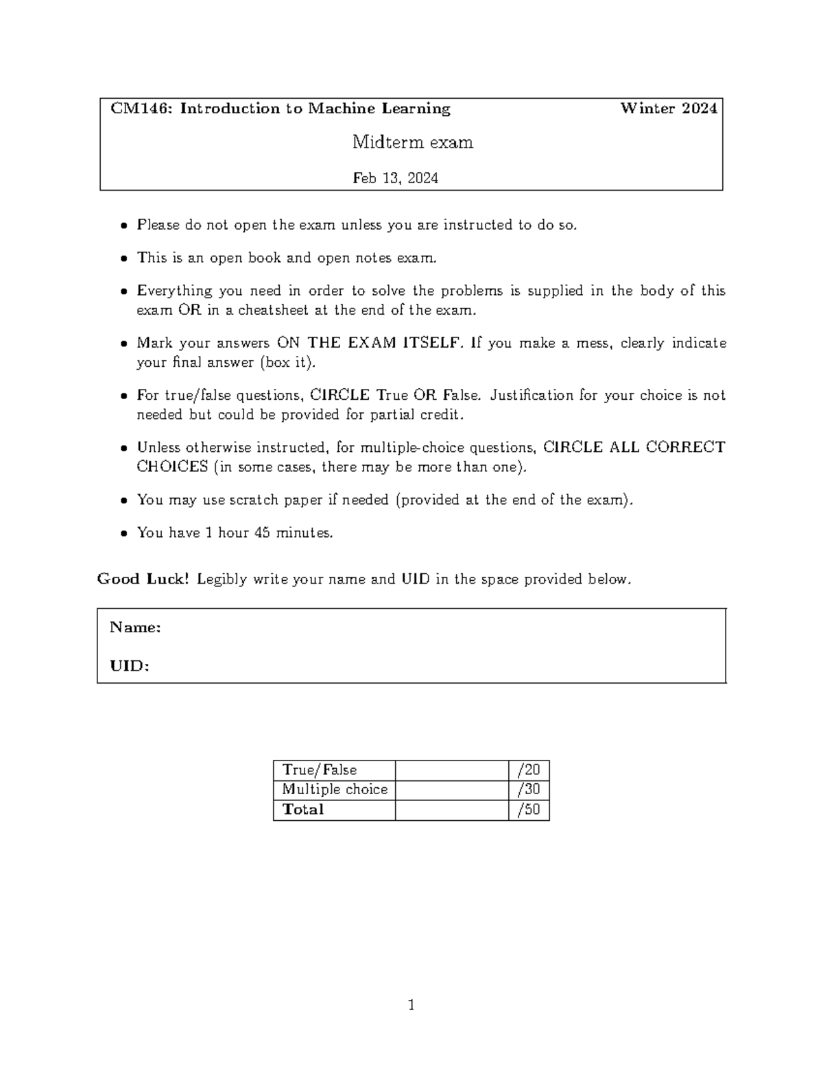 Cm146 Midterm Solution - CM146: Introduction to Machine Learning Winter 2024 Midterm exam Feb 13 ...
