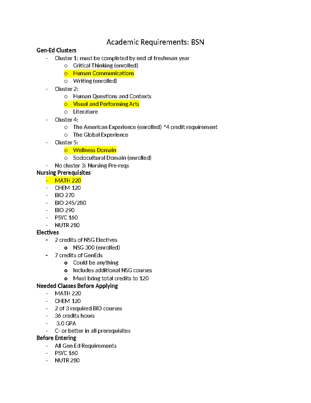 NSG 300 Academic Planning Notes - Academic Requirements: BSN Gen-Ed ...