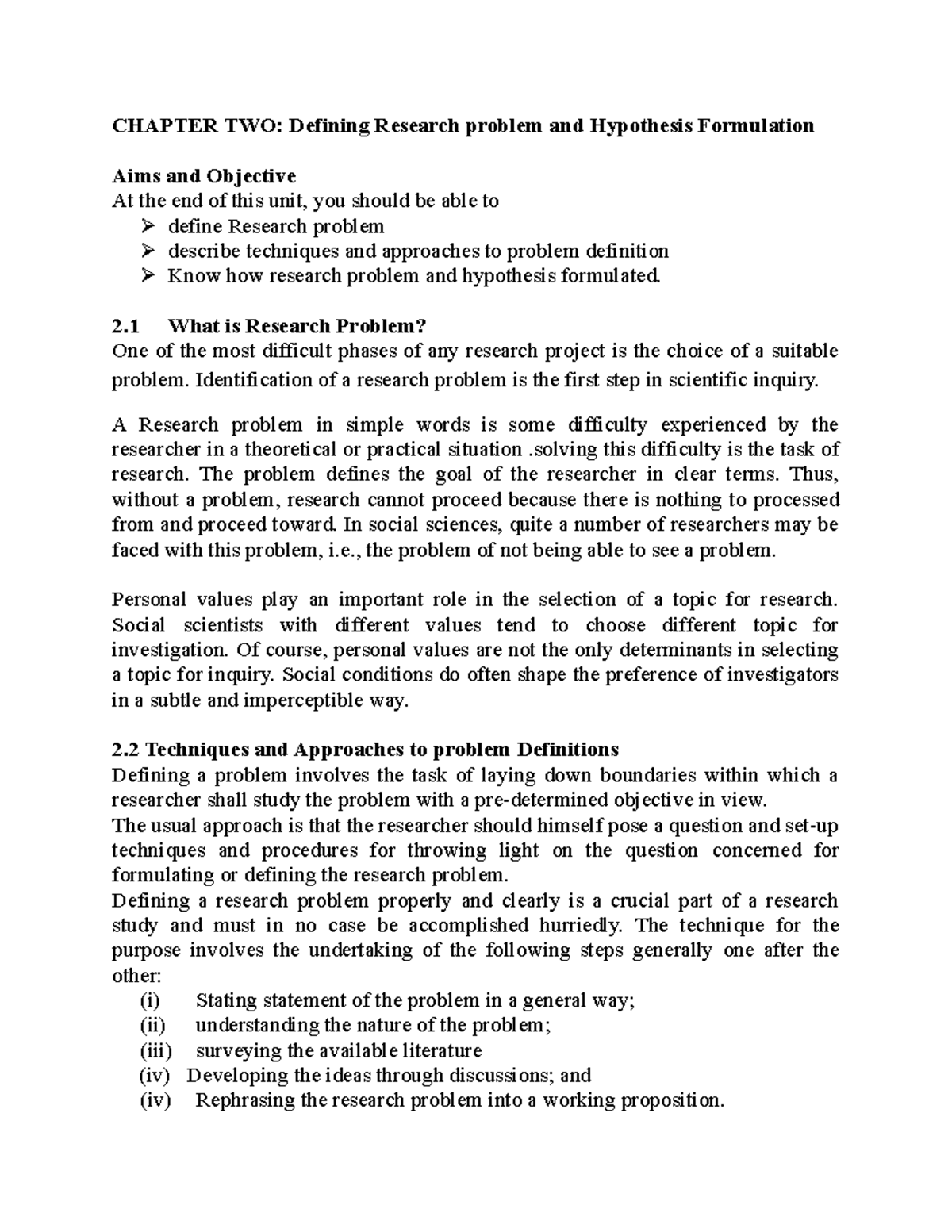 Research CH-2 - CHAPTER TWO: Defining Research problem and Hypothesis ...