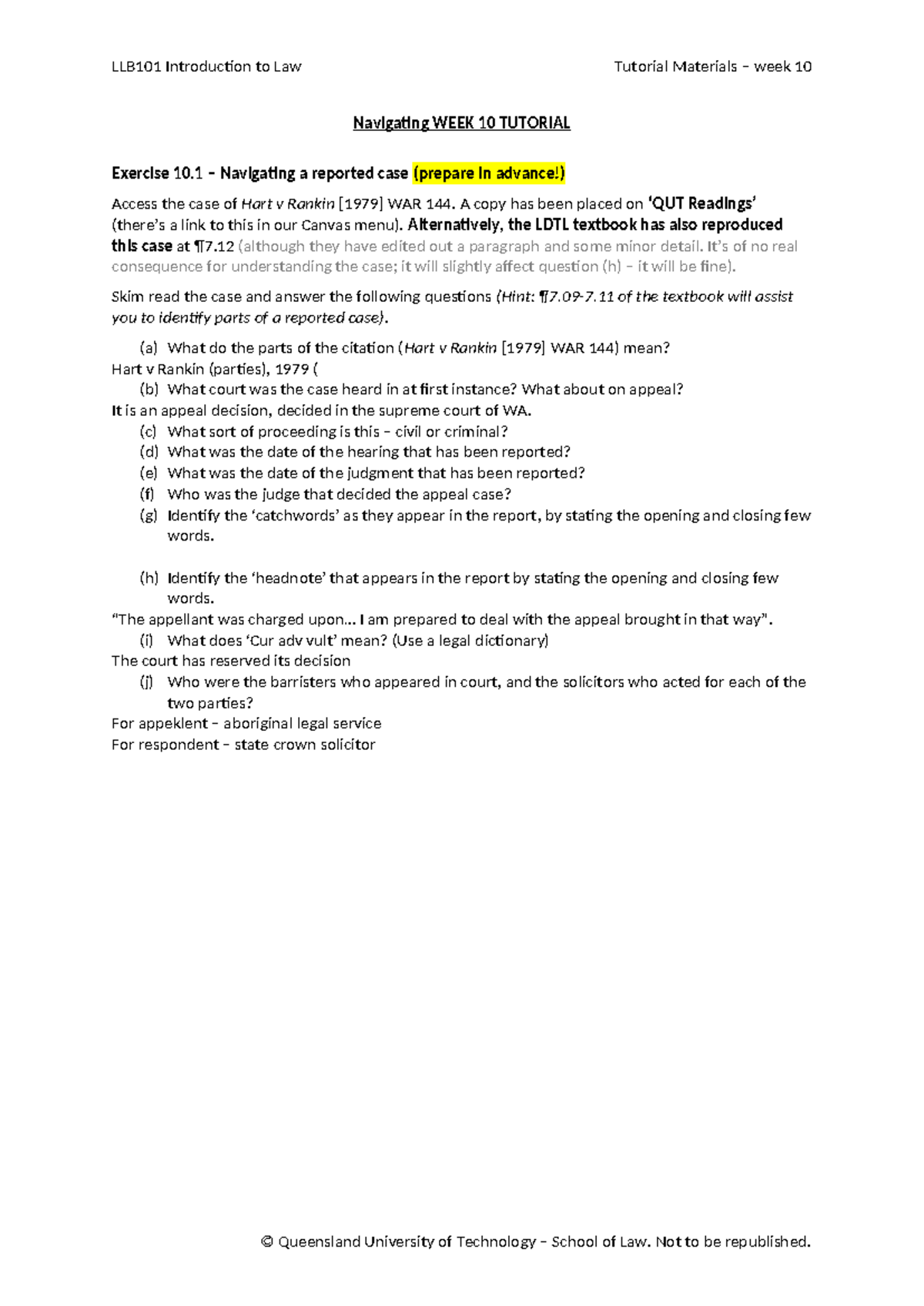 Week 10 Tutorial Activities - LLB101 Introduction to Law Tutorial Materials – week 10 Navigating ...