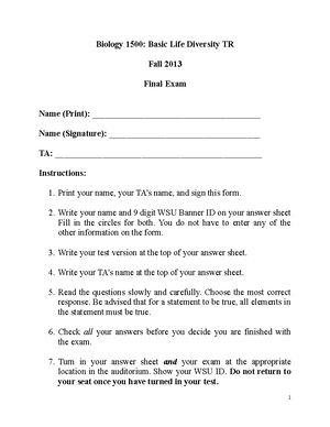 BIO 1050 EXAM II Original Answer KEY 101920 - BIO 1050 EXAM II ORIGINAL ...