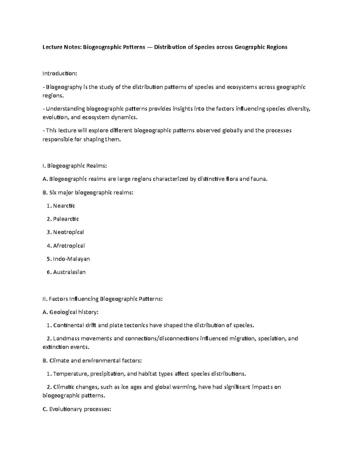 Lecture Notes: Biogeographic Patterns — Distribution of Species across ...
