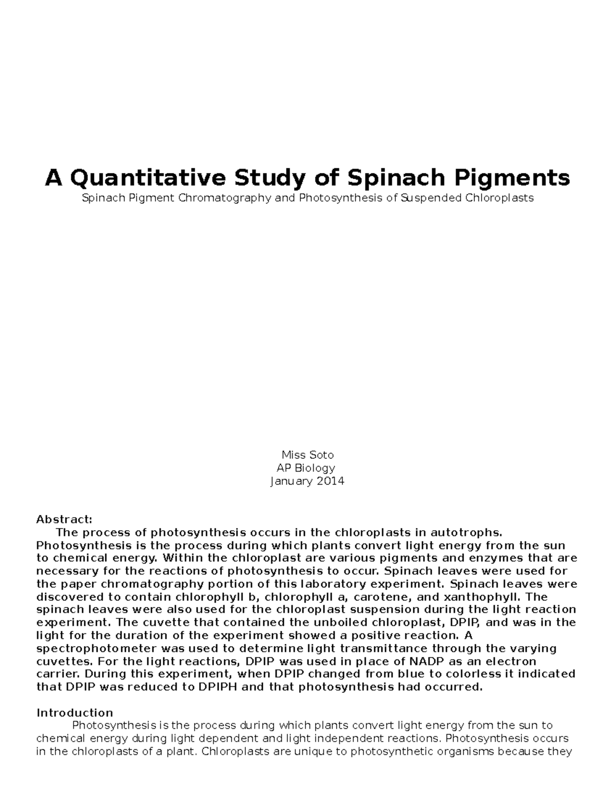 A Quantitative Study of Spinach Pigments - Photosynthesis is the ...