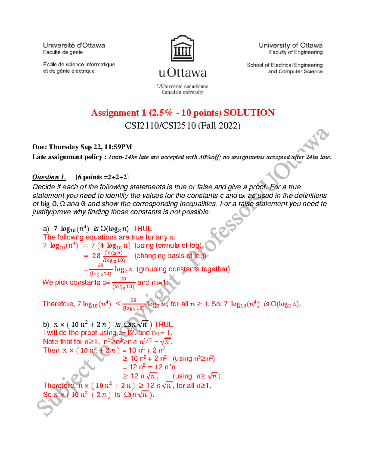 A1F2022csi2110solution - Assignment 1 (2% - 10 points) SOLUTION CSI2110/CSI2510 (Fall 2022) Due ...