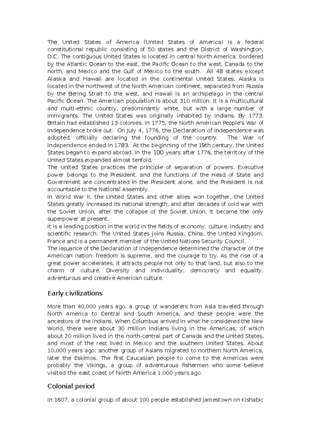 HIST 146 Early civilizations - The United States of America (United ...