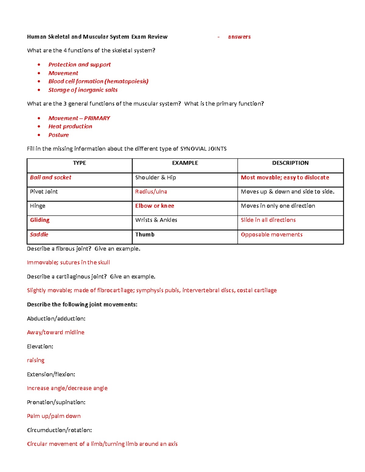 Skeletal and Muscular System Review Test answers (1) - Human Skeletal ...