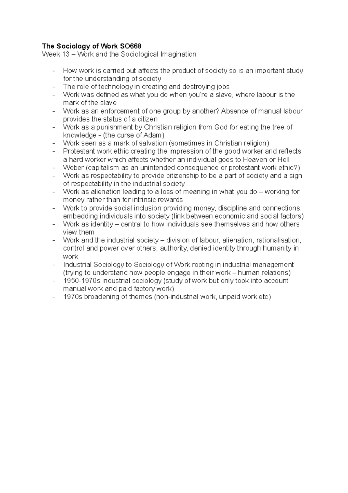 Week 13 - Work and the Sociological Imagination - The Sociology of Work ...
