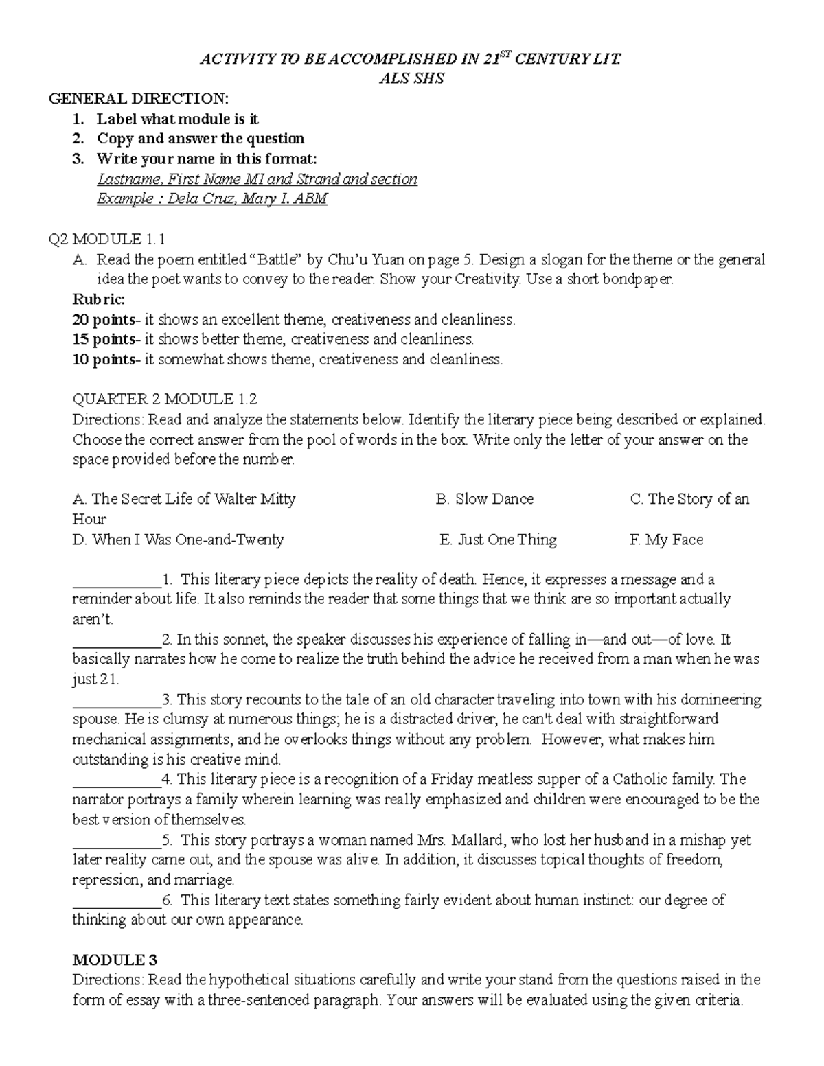 Activity TO BE Accomplished IN 21ST Century LIT - ACTIVITY TO BE ...