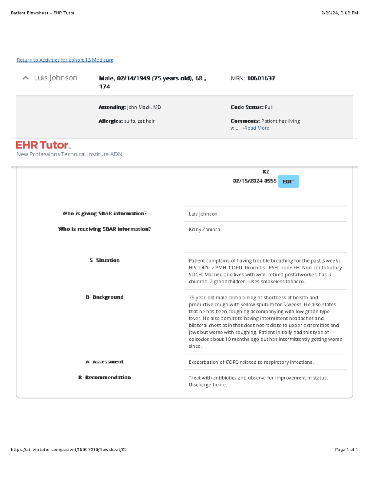 PT SBAR - care plan - Patient Flowsheet - EHR Tutor 2/20/24, 6:03 PM - Studocu