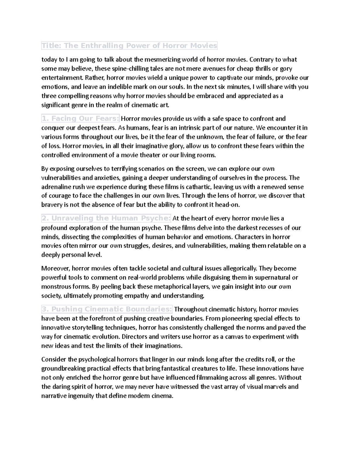 Title - speech - Title: The Enthralling Power of Horror Movies today to ...