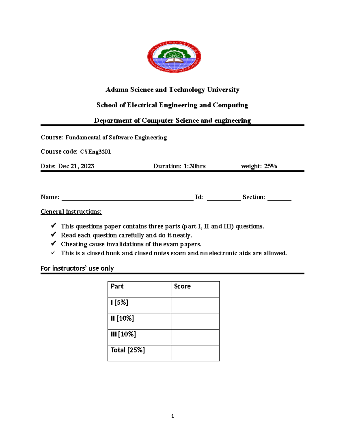 FSE mid-exam 2023 - Adama Science and Technology University School of Electrical Engineering and ...