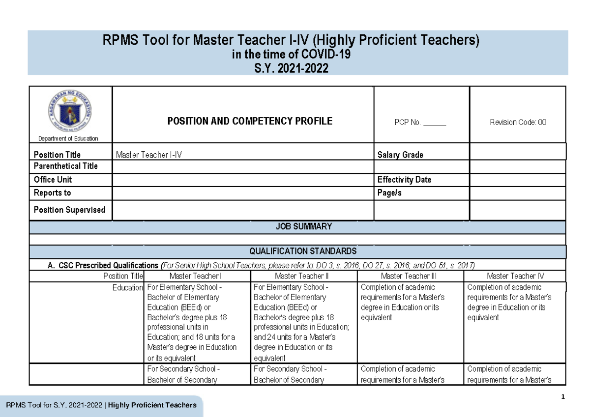 Appendix 1B RPMS Tool For Highly Proficient Teachers SY 2021 2022 In
