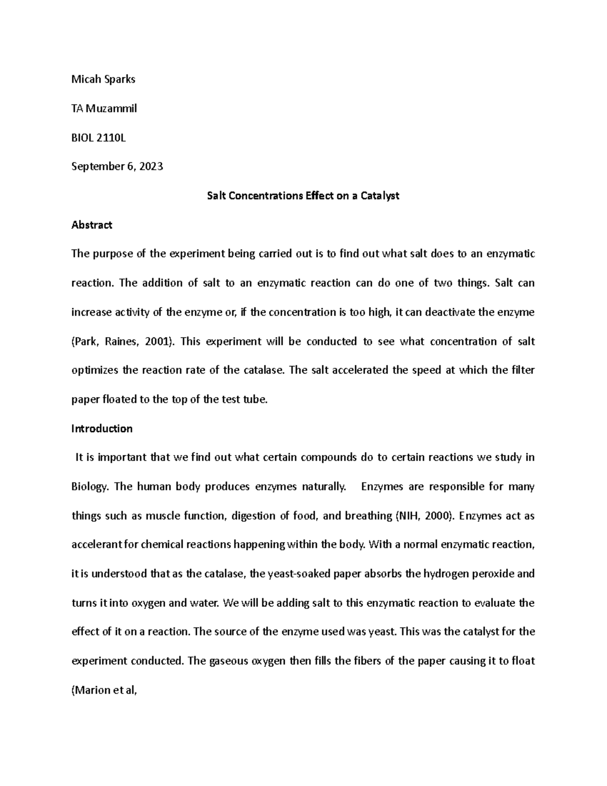 Metabolic Reaction Rate and Salt-1 - Micah Sparks TA Muzammil BIOL ...