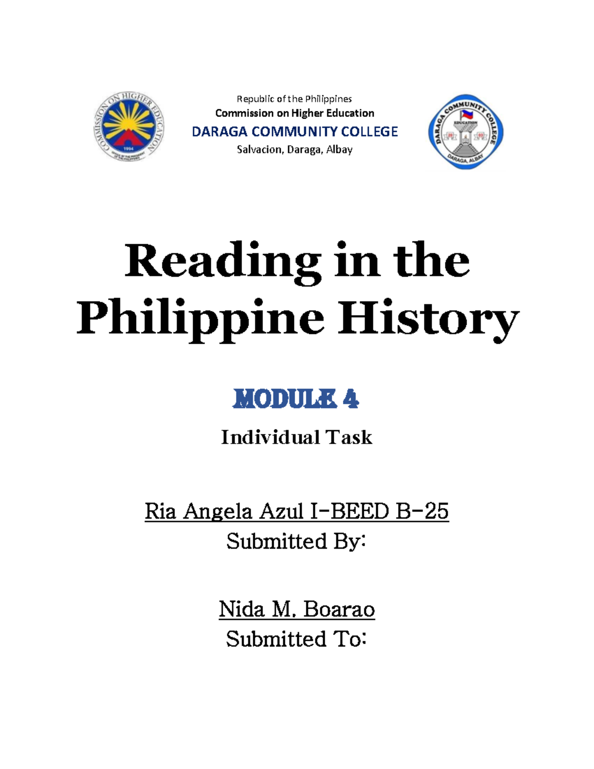 Reading in the Philippine History Module 4 Individual Task - Republic ...