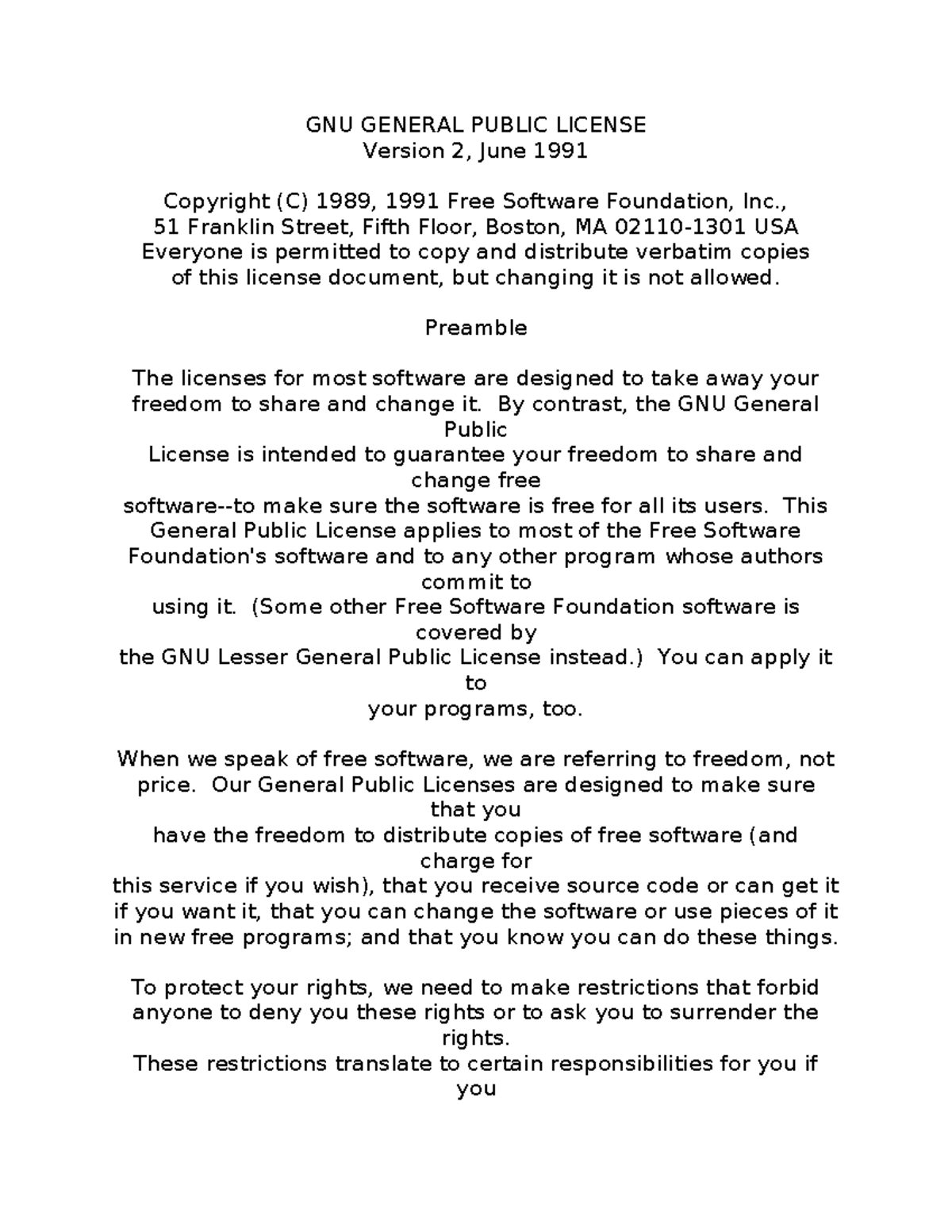 GNU General Public License - GNU GENERAL PUBLIC LICENSE Version 2, June ...