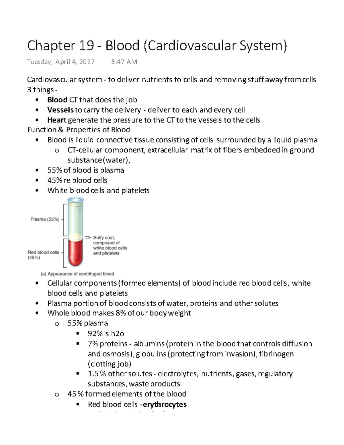 Chapter 19 - Blood (Cardiovascular System) - Cardiovascular system -to ...