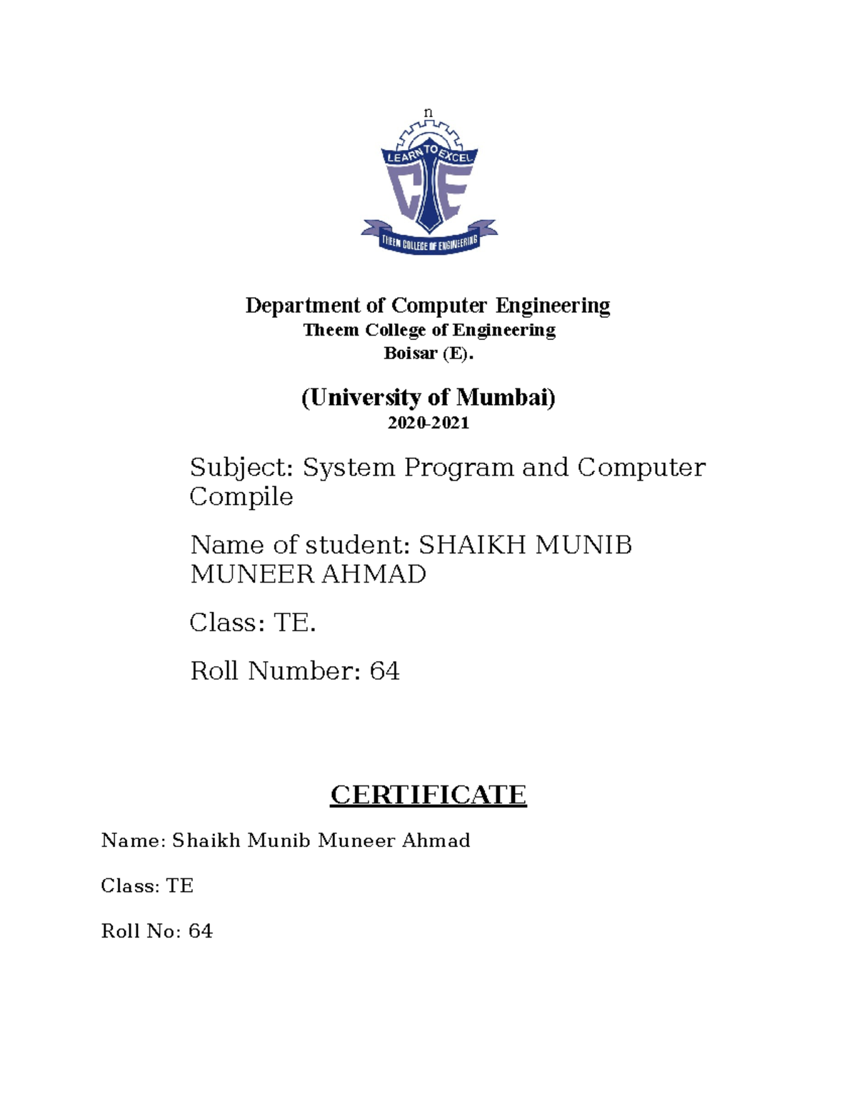 64 Munib Experiment SPCC - n Department of Computer Engineering Theem College of Engineering ...