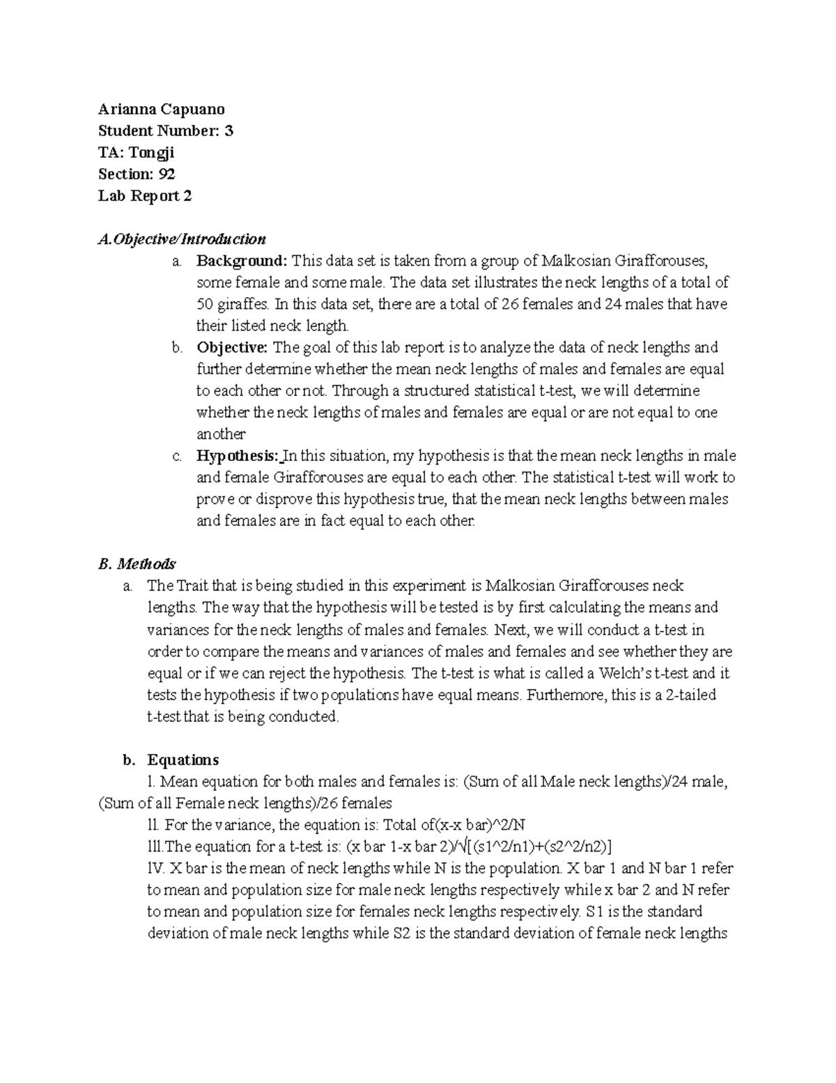 Genetics Lab Report 2 - Arianna Capuano Student Number: 3 TA: Tongji ...