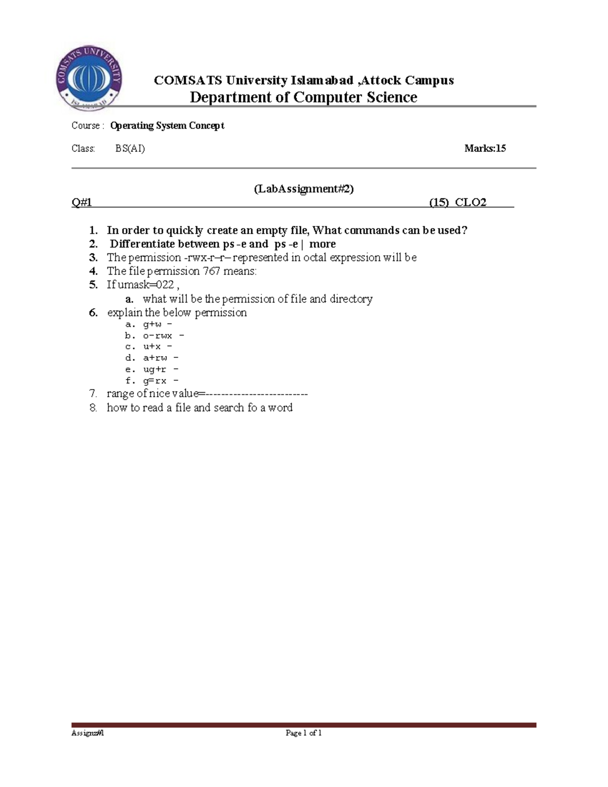 Assign#2(OS)-lab - Assignment 2024 - COMSATS University Islamabad ,Attock Campus Department of ...