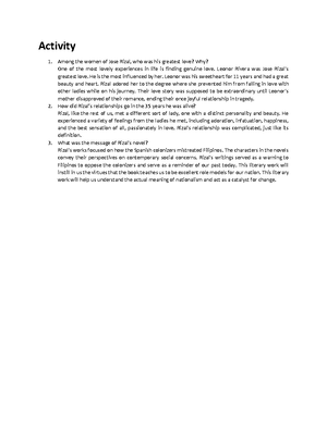 Rizal 031 Activity - Activity: a. Why is it important to know Rizal's ...