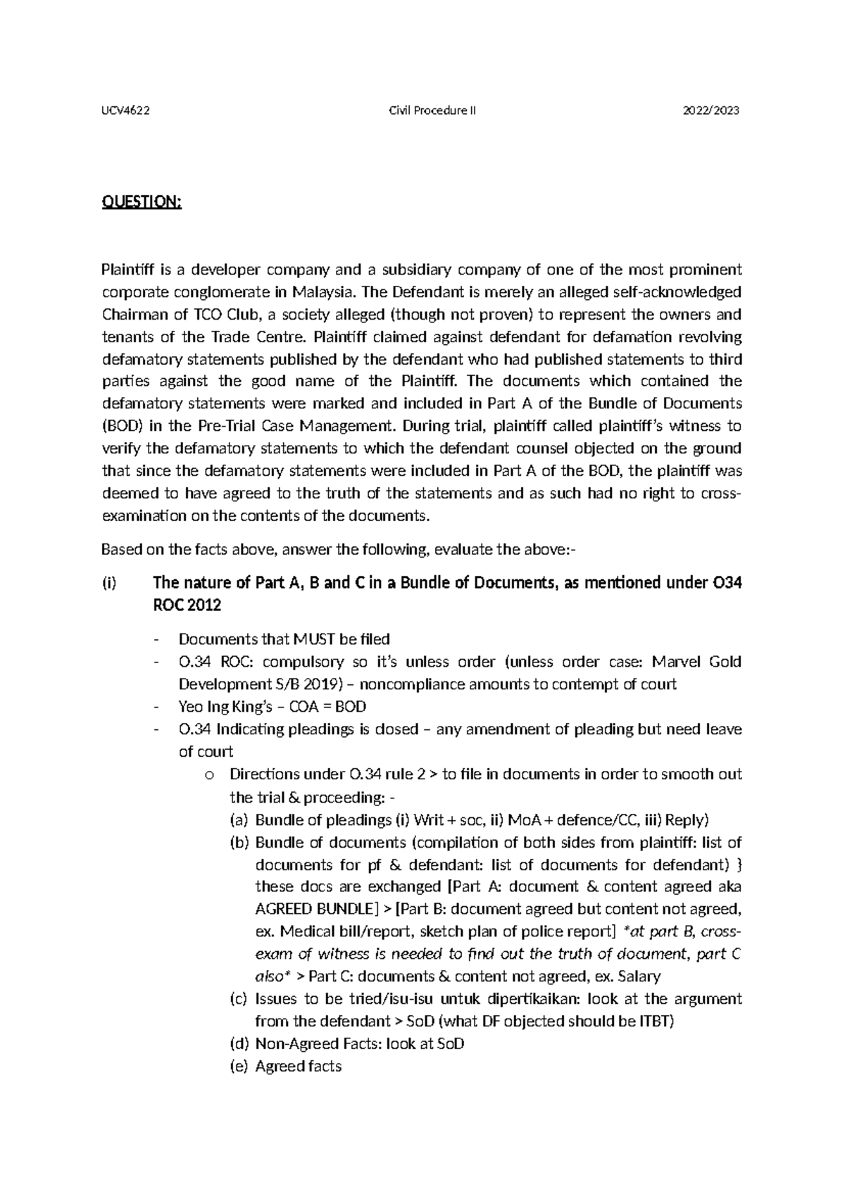 Tutorial Civil 2 W8 T7 - UCV4622 Civil Procedure II 2022/ QUESTION ...